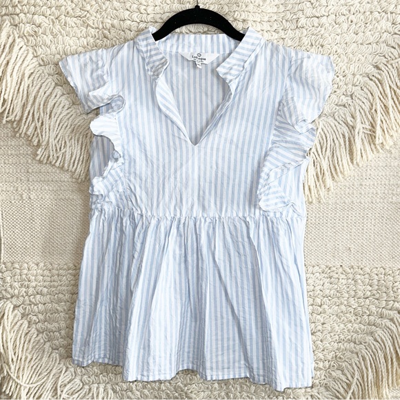 Laroque | Tops | Laroque Light Blue And White Striped Ruffled Sleeveless Peplum Top Xs | Poshmark